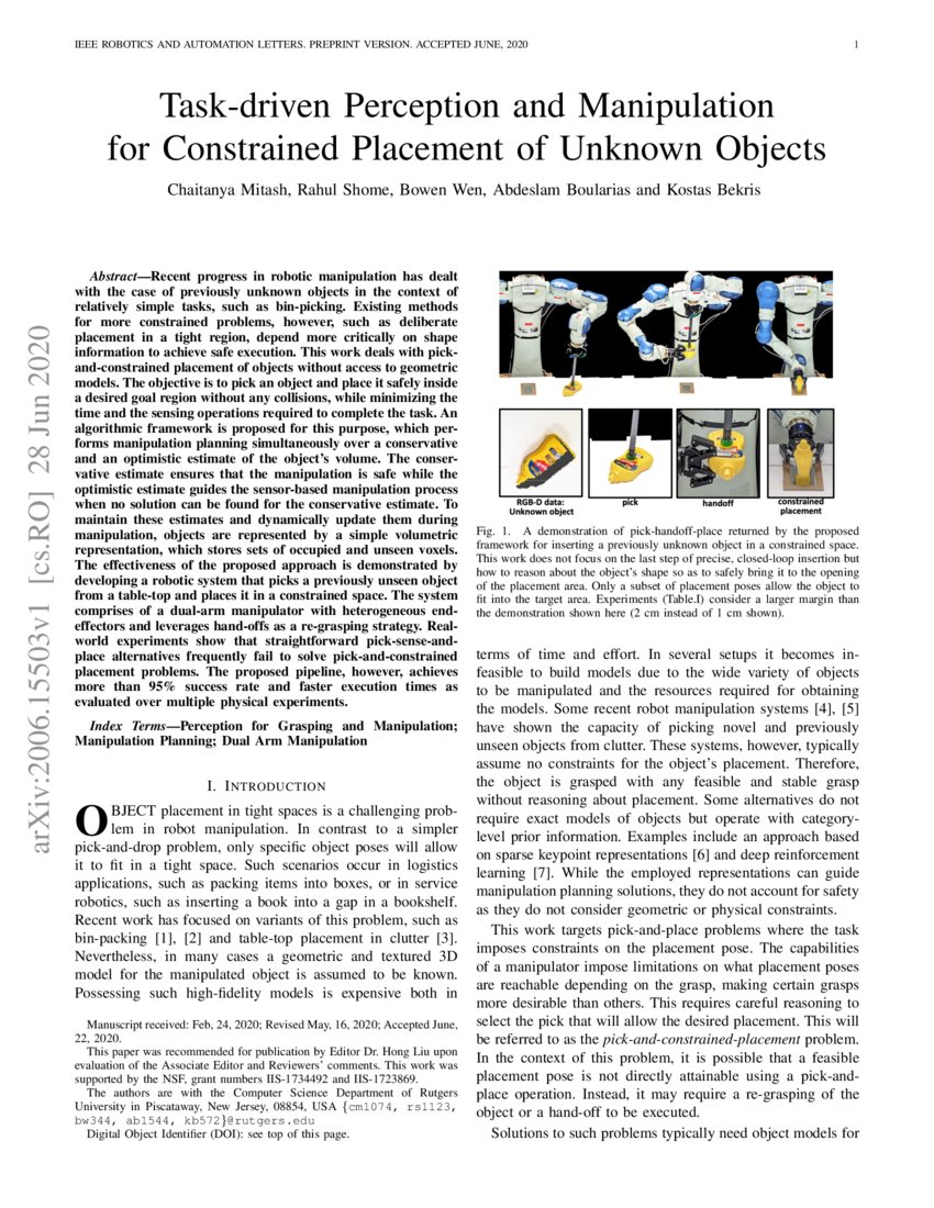 Task Driven Perception And Manipulation For Constrained Placement Of Unknown Objects Deepai