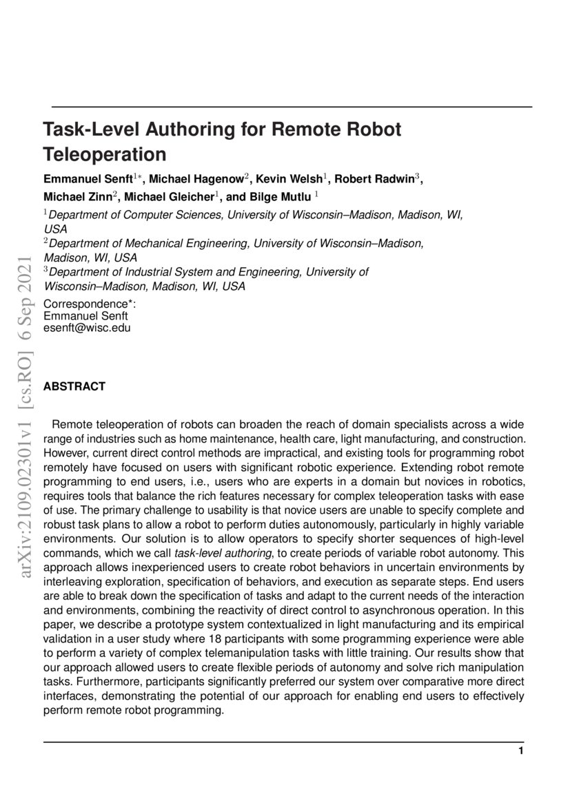 Task-Level Authoring for Remote Robot Teleoperation | DeepAI