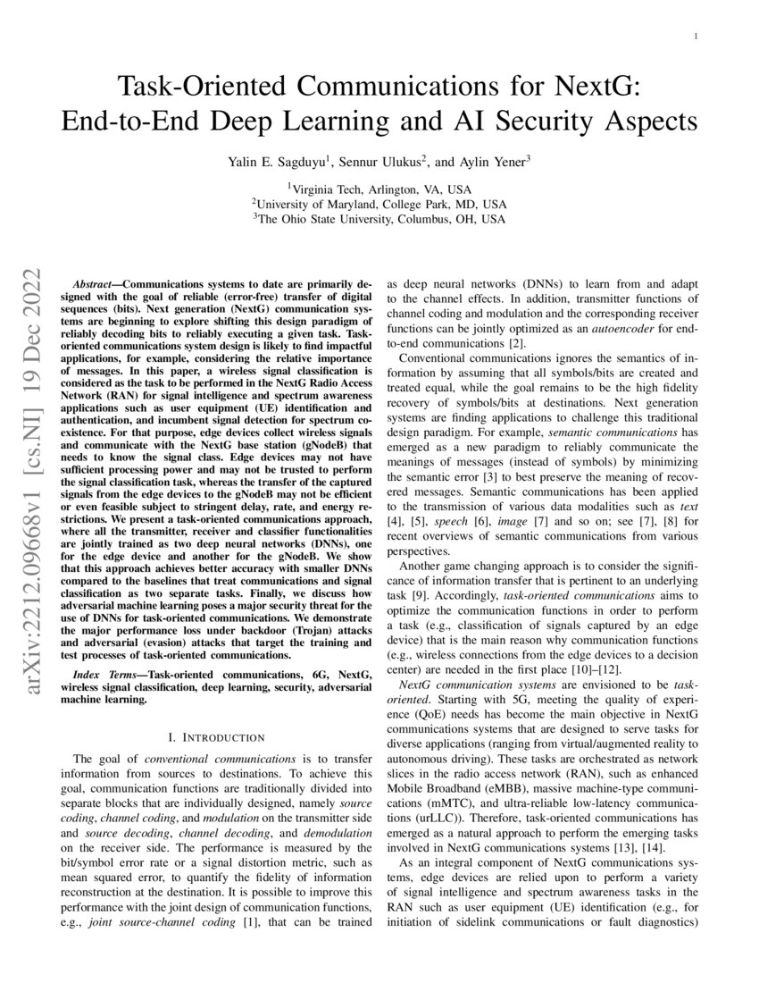 Task Oriented Communications For Nextg End To End Deep Learning And Ai Security Aspects Deepai