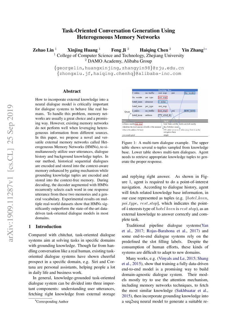 Task Oriented Conversation Generation Using Heterogeneous Memory Networks Deepai
