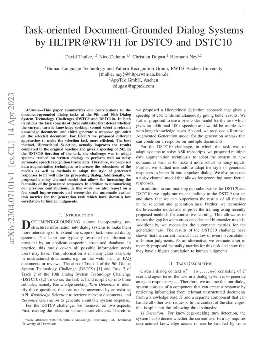Task Oriented Document Grounded Dialog Systems By Hltprrwth For Dstc9