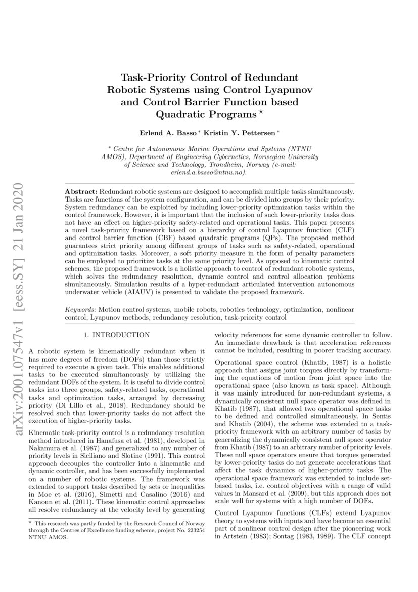 Task-Priority Control of Redundant Robotic Systems using Control Lyapunov and Control Barrier ...