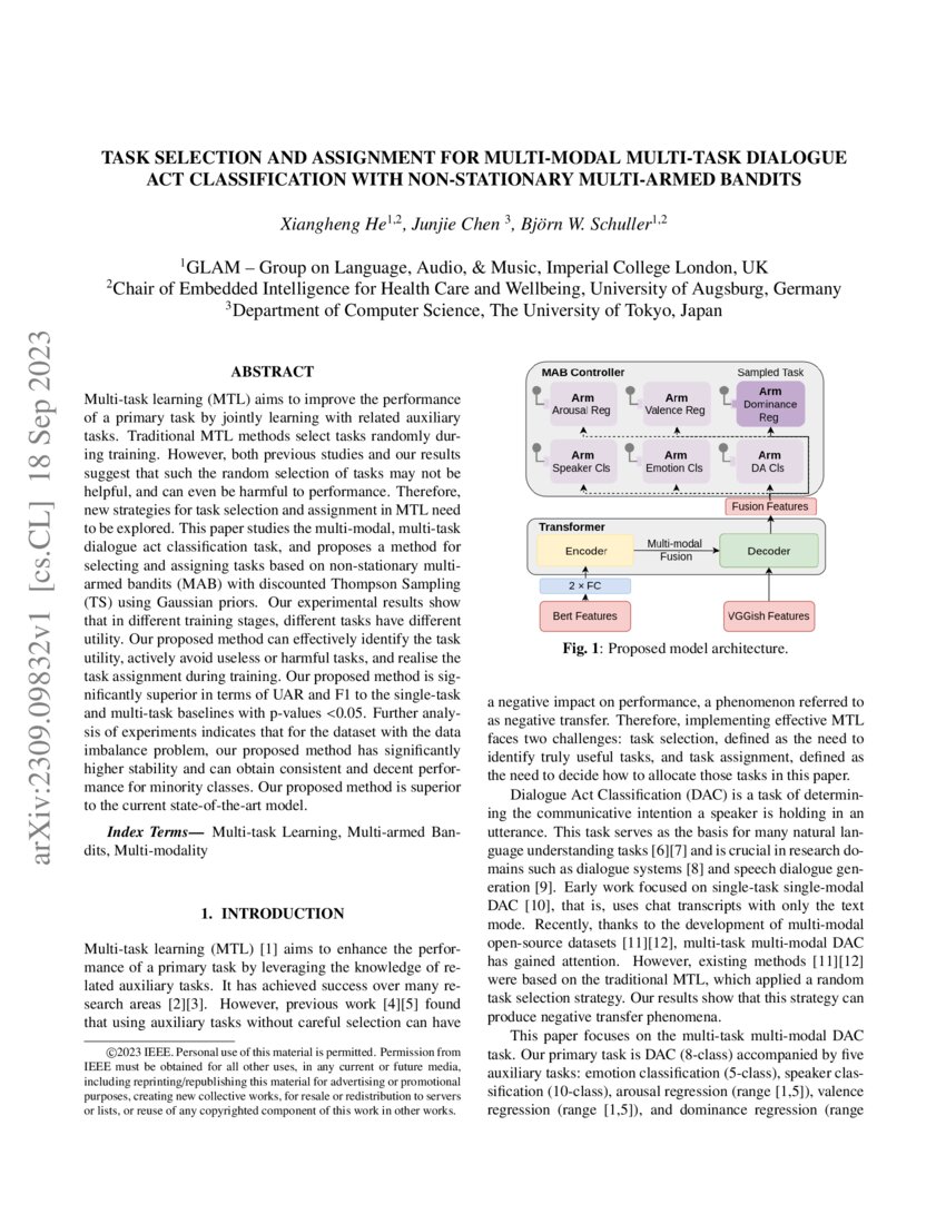Task Selection and Assignment for Multi-modal Multi-task Dialogue Act Classification with Non ...
