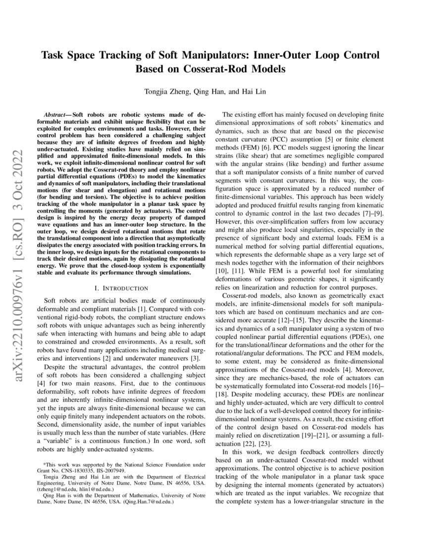 Task Space Tracking of Soft Manipulators: Inner-Outer Loop Control Based on Cosserat-Rod Models ...