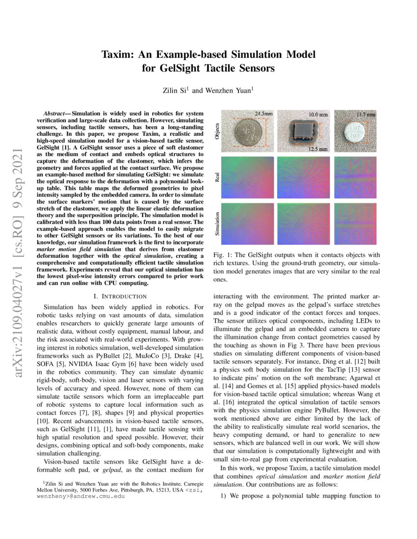 Taxim: An Example-based Simulation Model for GelSight Tactile Sensors | DeepAI