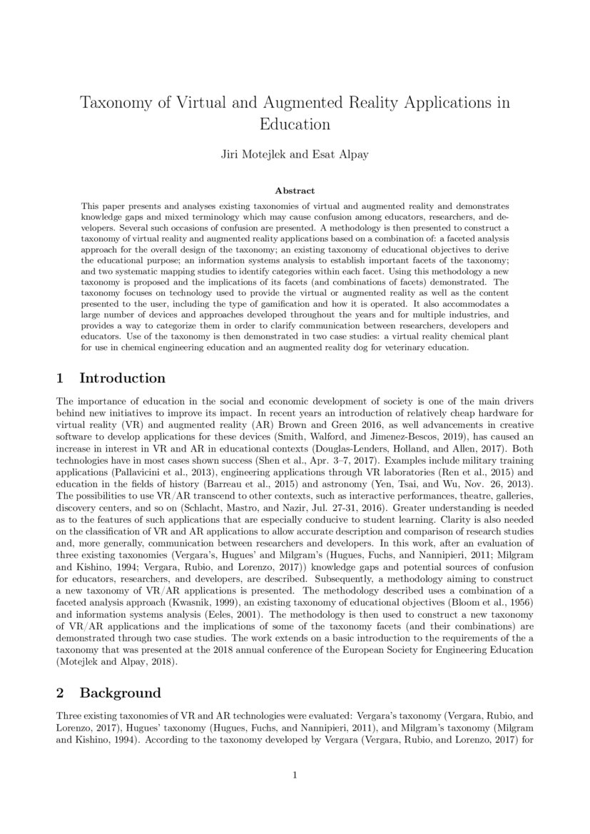 Taxonomy of Virtual and Augmented Reality Applications in Education ...