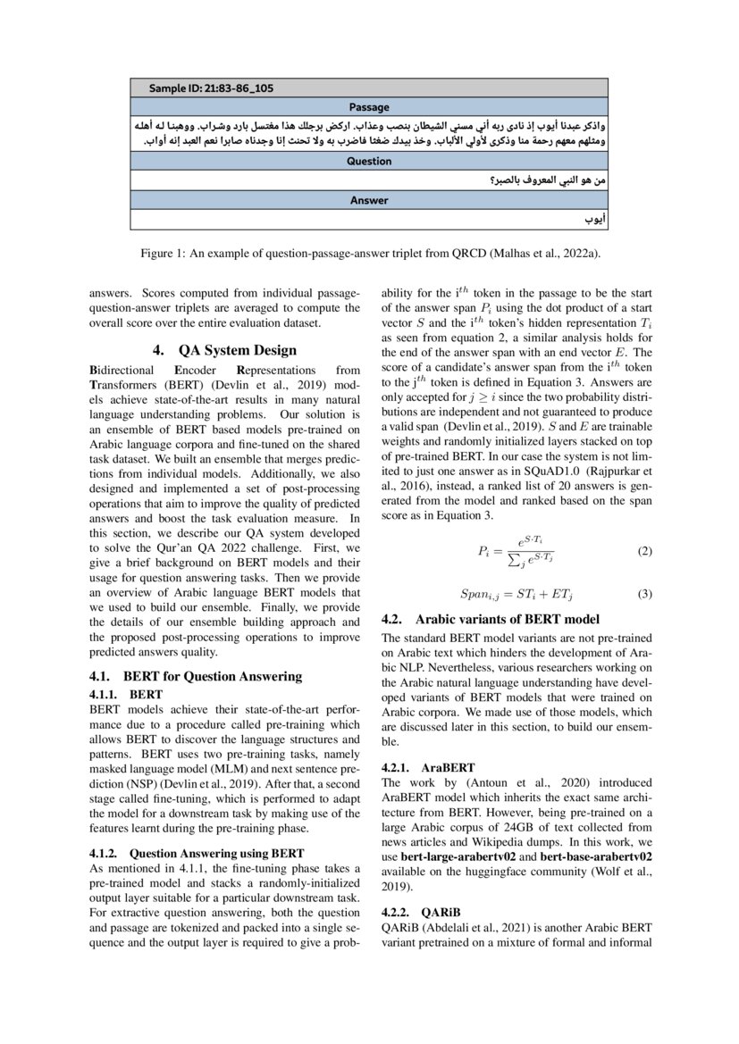 TCE at Qur'an QA 2022: Arabic Language Question Answering Over Holy Qur'an Using a Post ...