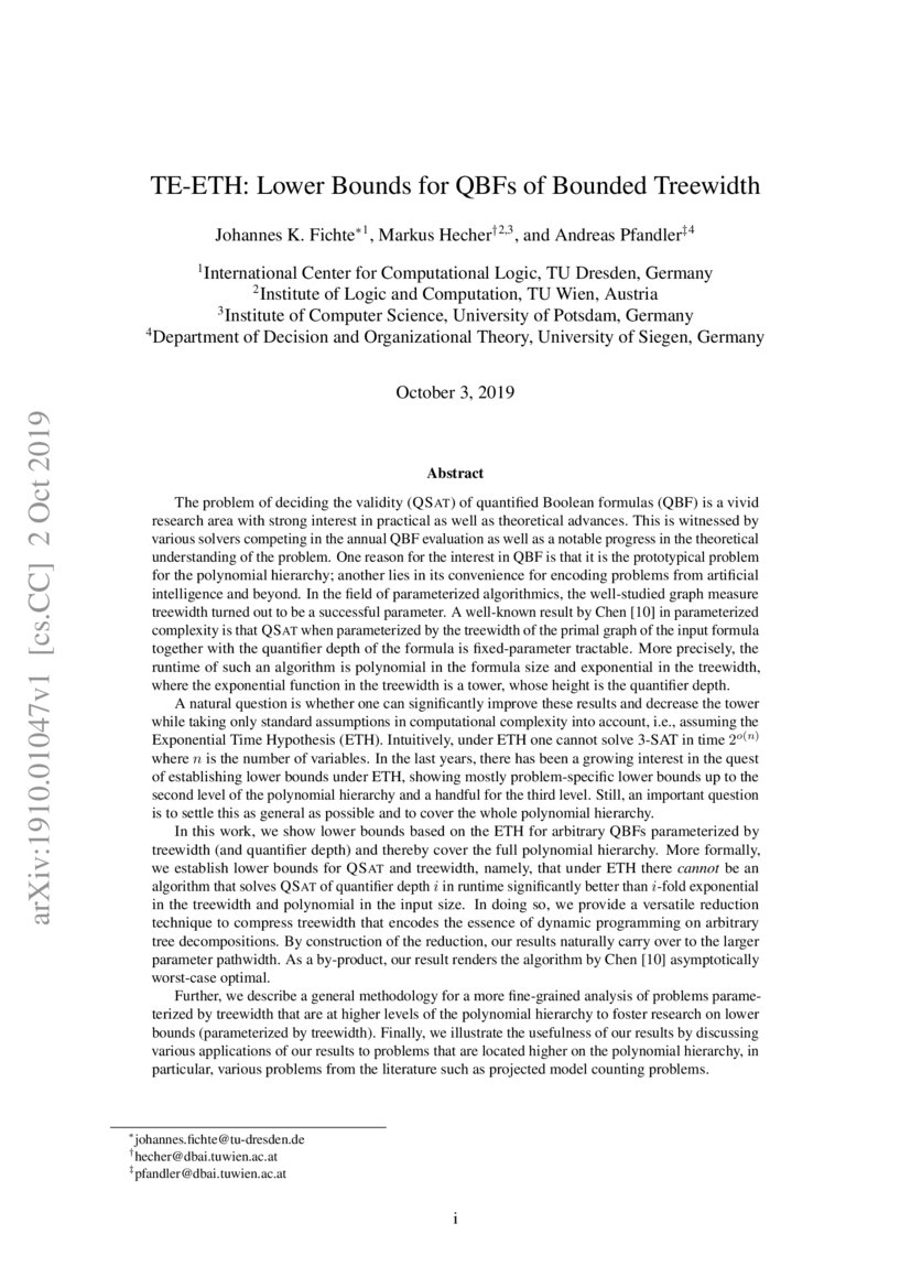 TE-ETH: Lower Bounds for QBFs of Bounded Treewidth | DeepAI