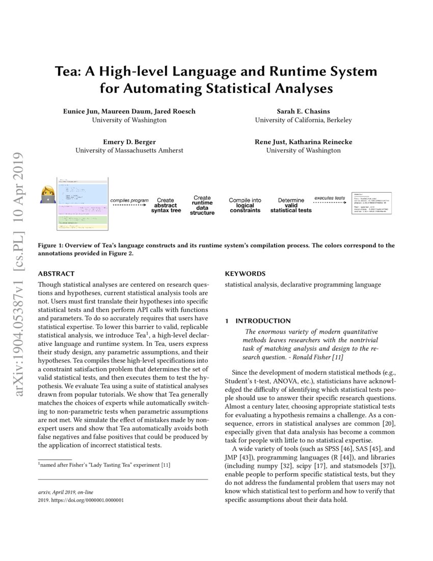 Tea: A High-level Language and Runtime System for Automating Statistical Analysis | DeepAI