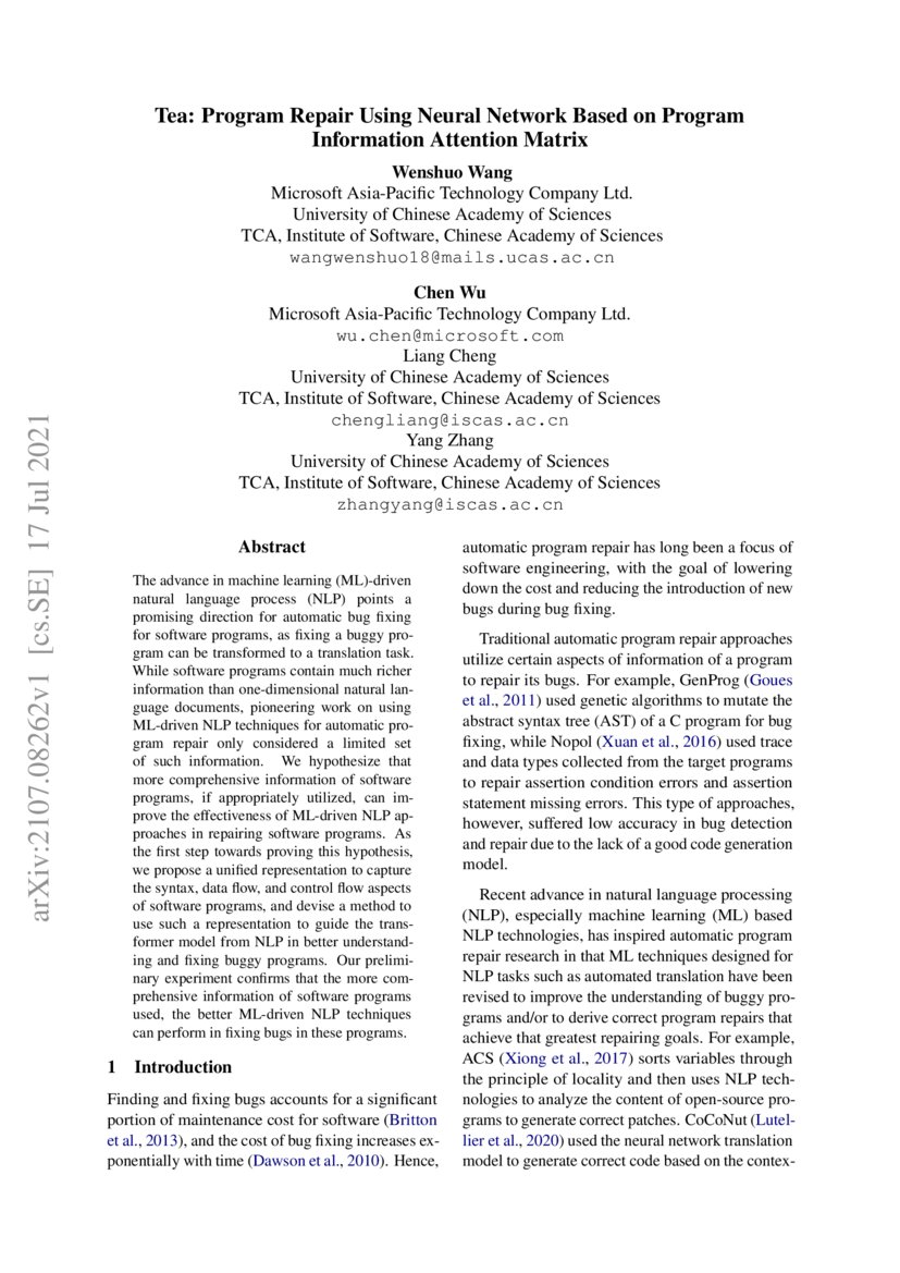 Tea: Program Repair Using Neural Network Based on Program Information ...