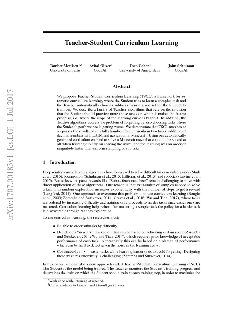 Teacher-Student Curriculum Learning | DeepAI