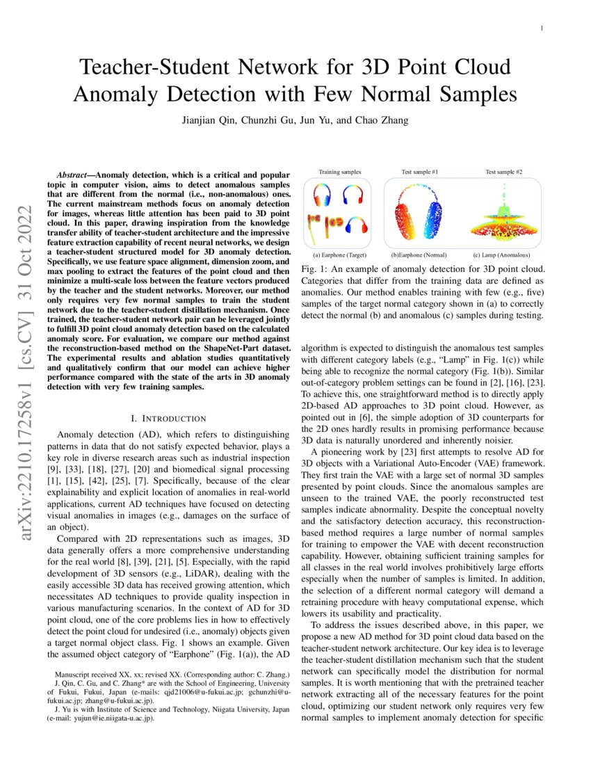 Teacher-Student Network for 3D Point Cloud Anomaly Detection with Few Normal Samples | DeepAI