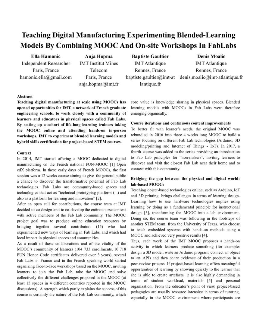 Teaching Digital Manufacturing Experimenting Blended-Learning Models By Combining MOOC And On ...