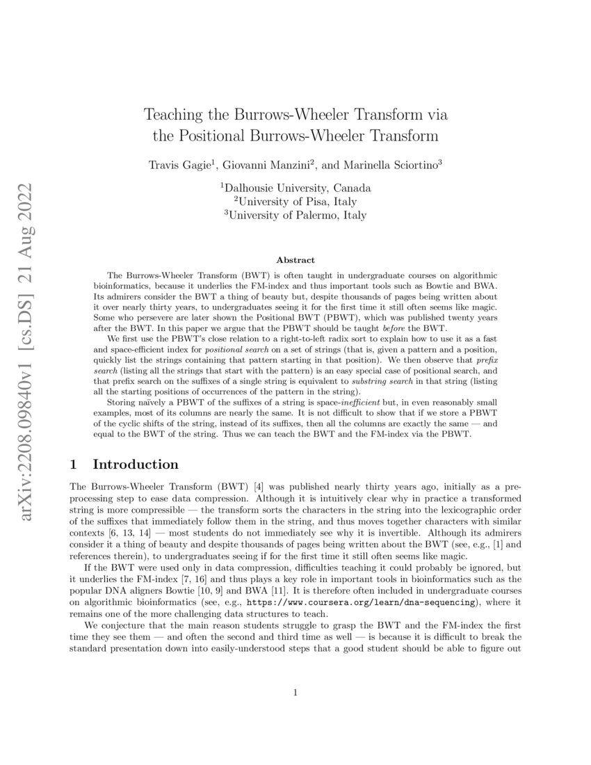 Teaching the Burrows-Wheeler Transform via the Positional Burrows-Wheeler Transform | DeepAI