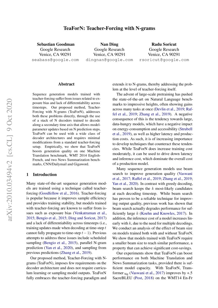 TeaForN: Teacher-Forcing with N-grams | DeepAI