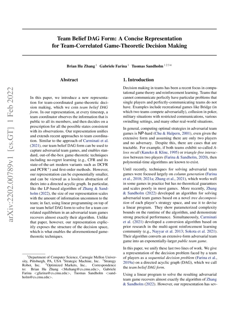 Team Belief DAG Form: A Concise Representation for Team-Correlated Game ...