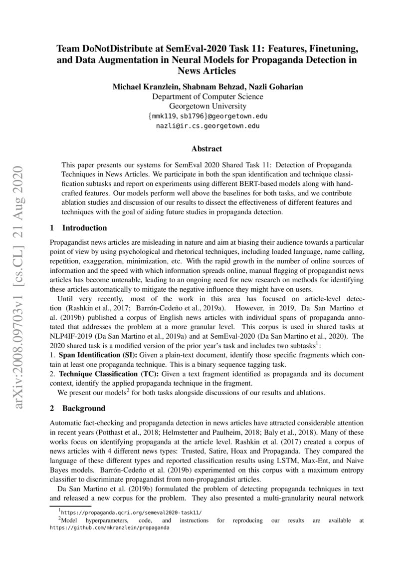 Team Donotdistribute At Semeval 2020 Task 11 Features Finetuning And Data Augmentation In