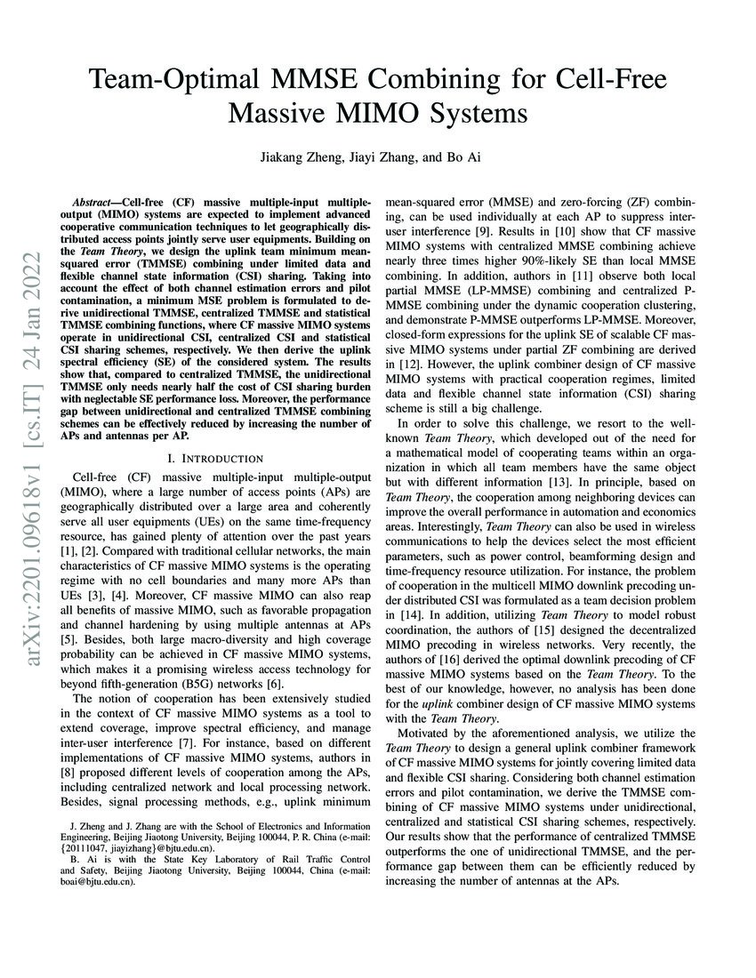 Team-Optimal MMSE Combining for Cell-Free Massive MIMO Systems | DeepAI