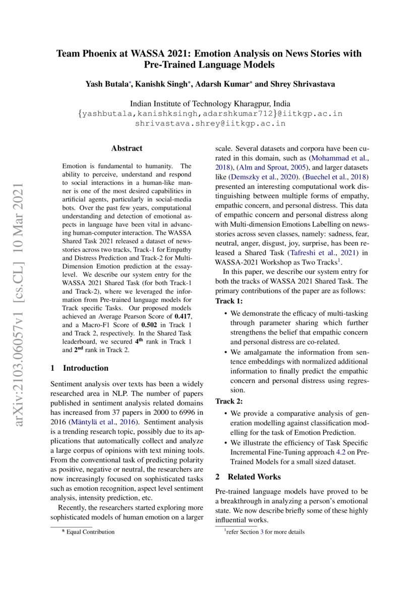 Team Phoenix at WASSA 2021: Emotion Analysis on News Stories with Pre ...