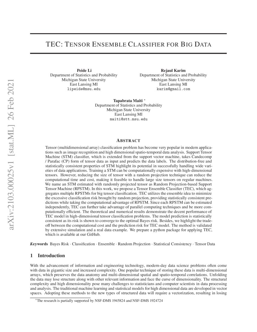 Tec Tensor Ensemble Classifier For Big Data Deepai 