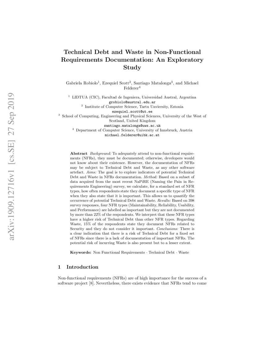 Technical Debt and Waste in Non-Functional Requirements Documentation: An Exploratory Study | DeepAI