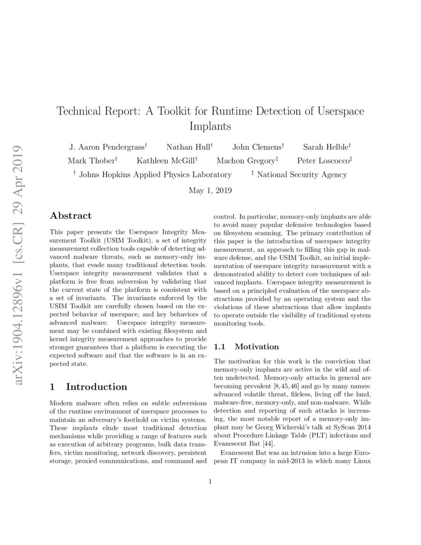 Technical Report: A Toolkit for Runtime Detection of Userspace Implants | DeepAI
