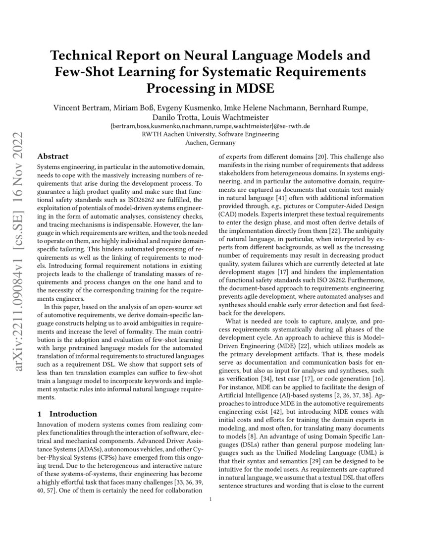 Technical Report On Neural Language Models And Few Shot Learning For Systematic Requirements