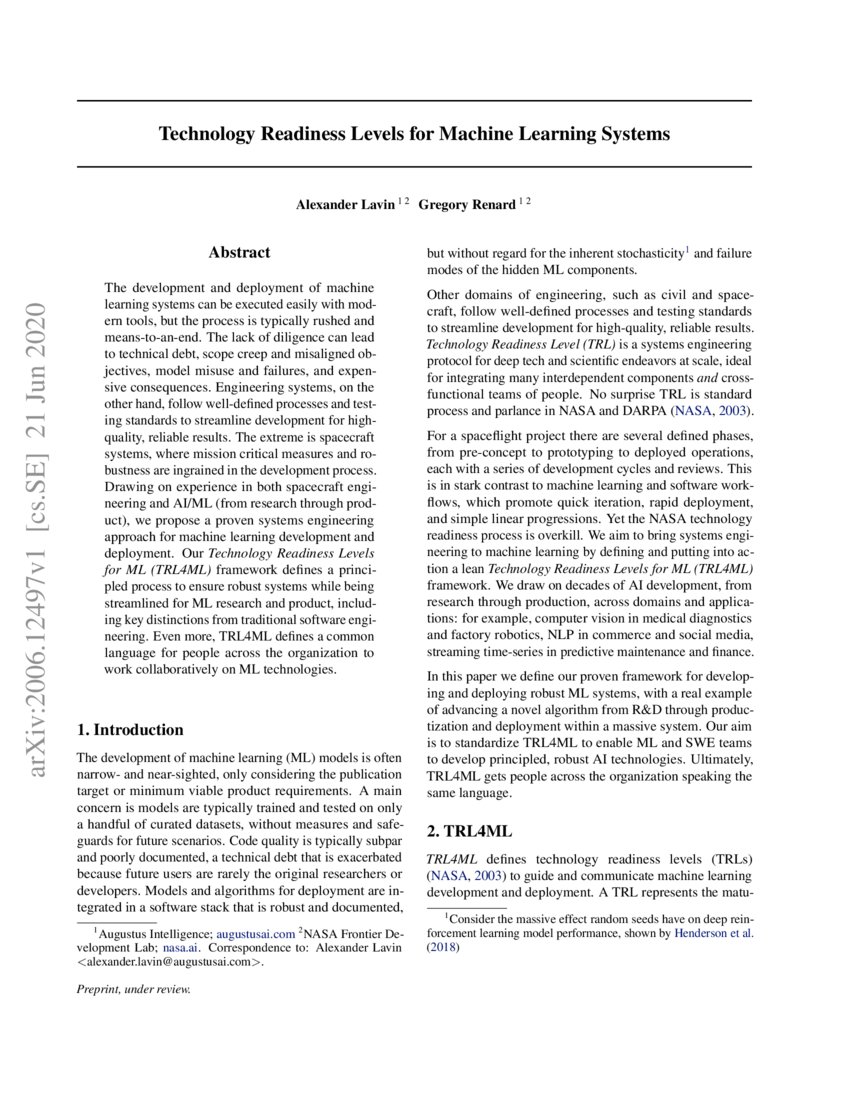 Technology Readiness Levels for Machine Learning Systems | DeepAI