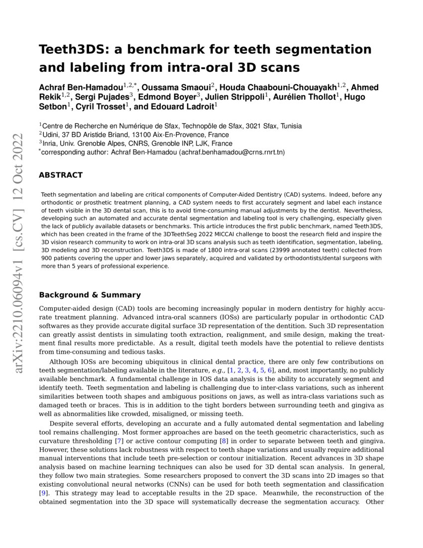 Teeth3DS: a benchmark for teeth segmentation and labeling from intra-oral 3D scans | DeepAI