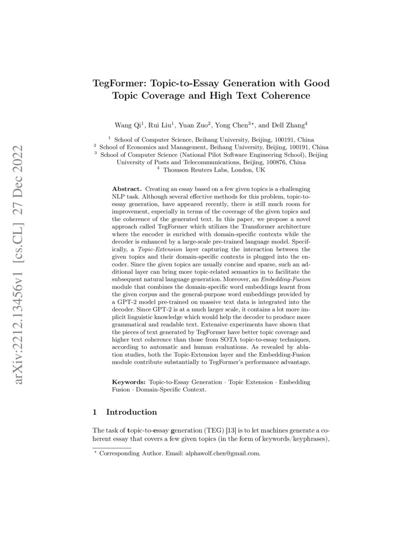 TegFormer: Topic-to-Essay Generation with Good Topic Coverage and High ...