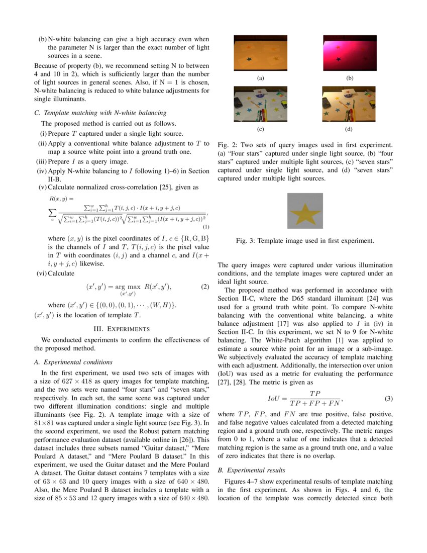 Template matching with white balance adjustment under multiple ...