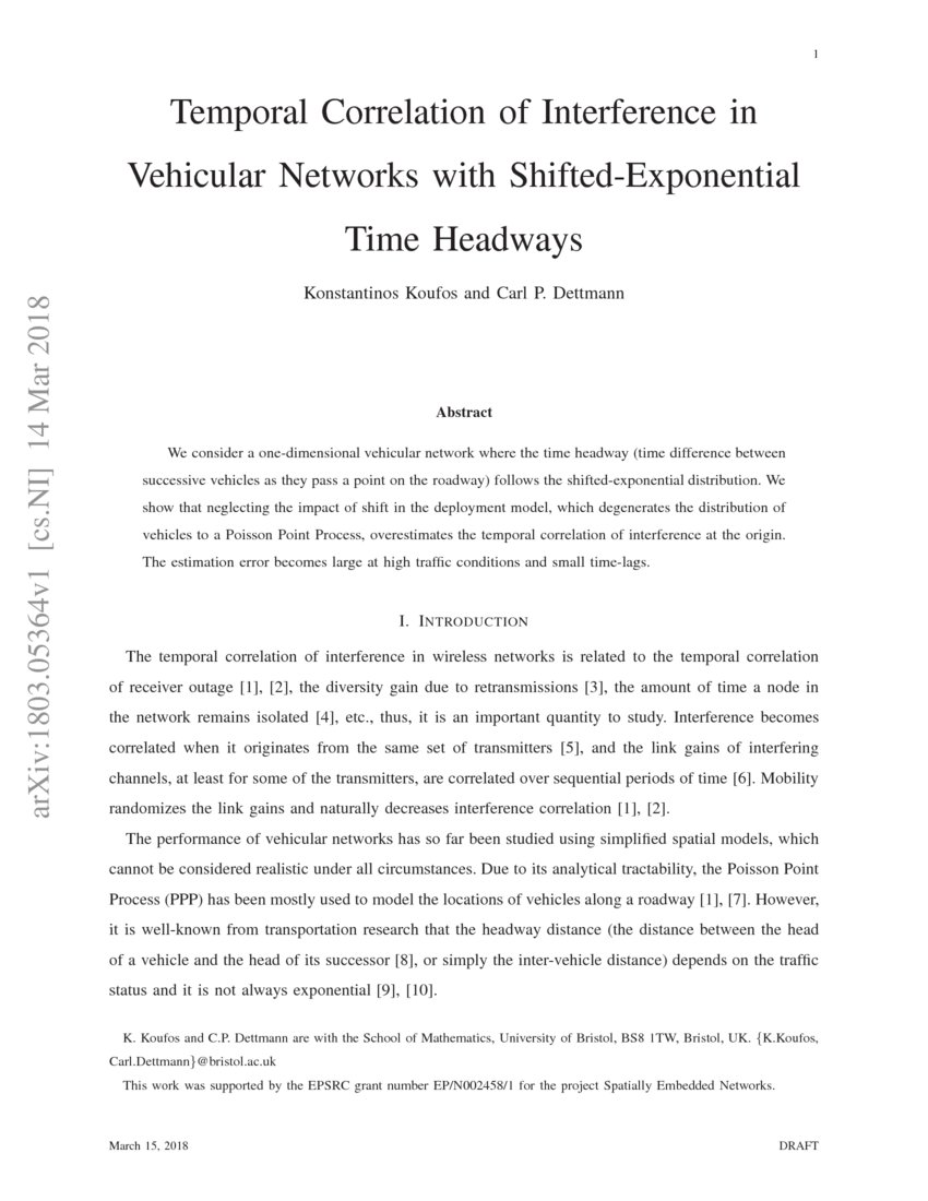 Temporal Correlation Of Interference In Vehicular Networks With Shifted Exponential Time