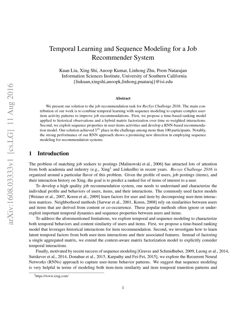 Temporal Learning and Sequence Modeling for a Job Recommender System | DeepAI