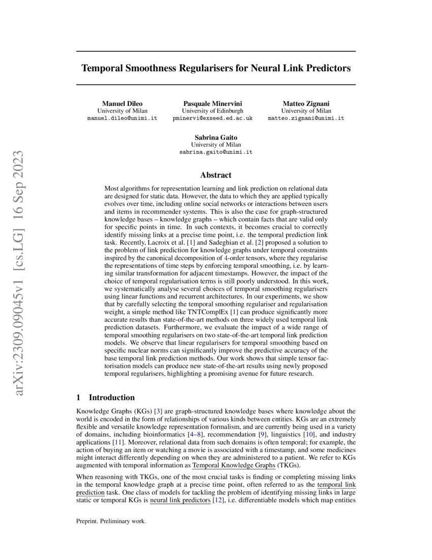 Temporal Smoothness Regularisers for Neural Link Predictors | DeepAI