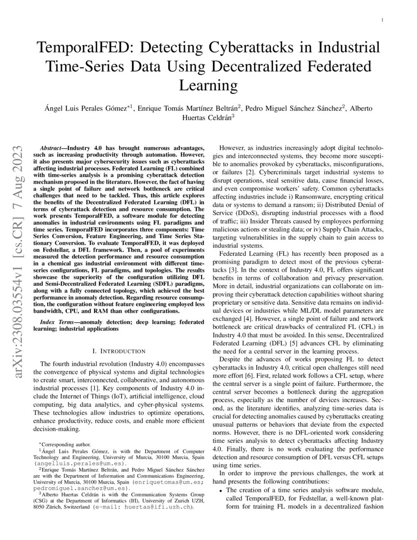 Temporalfed Detecting Cyberattacks In Industrial Time Series Data