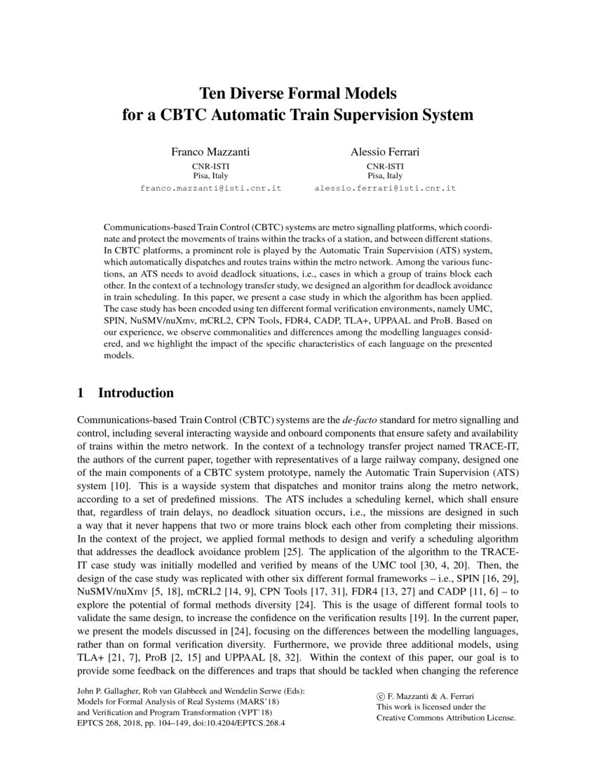 Ten Diverse Formal Models for a CBTC Automatic Train Supervision System ...