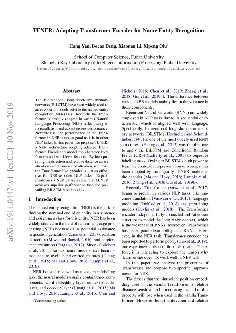 TENER: Adapting Transformer Encoder for Name Entity Recognition | DeepAI