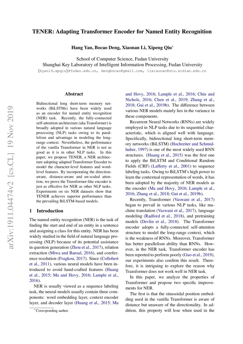 TENER: Adapting Transformer Encoder for Named Entity Recognition | DeepAI