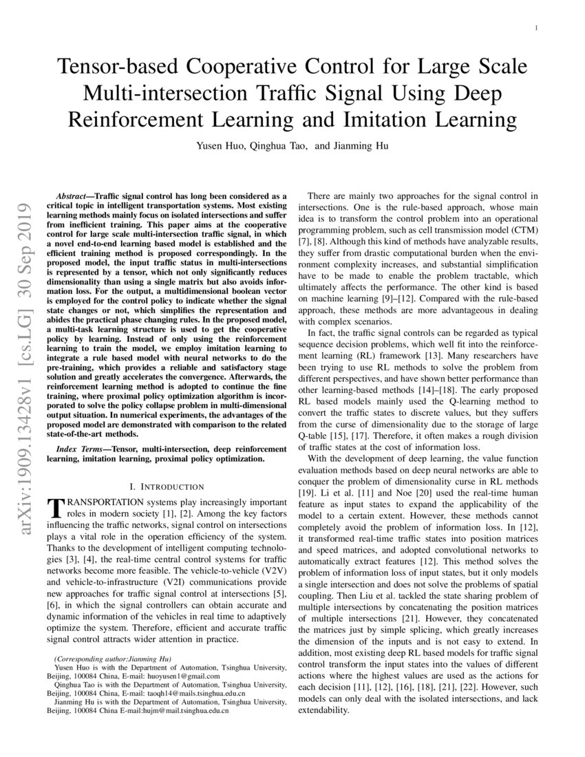 Tensor Based Cooperative Control For Large Scale Multi Intersection Traffic Signal Using Deep