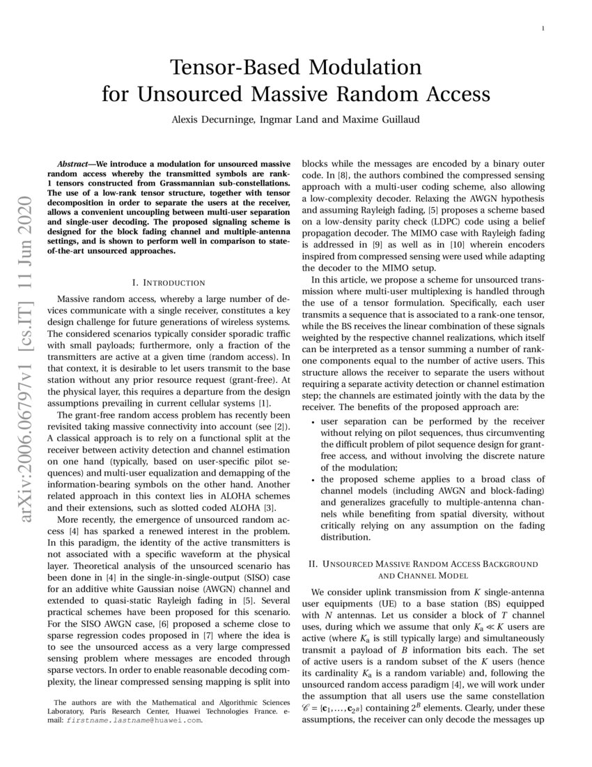 Tensor-Based Modulation for Unsourced Massive Random Access | DeepAI