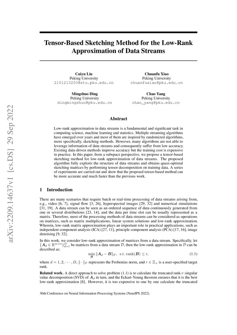 Tensor Based Sketching Method For The Low Rank Approximation Of Data Streams Deepai