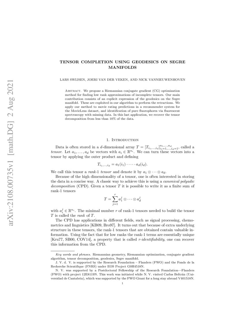 Tensor completion using geodesics on Segre manifolds | DeepAI
