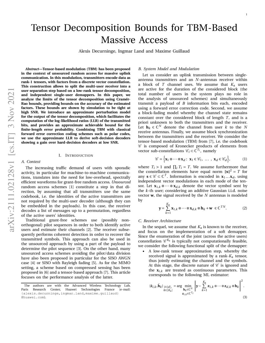 Tensor Decomposition Bounds for TBM-Based Massive Access | DeepAI