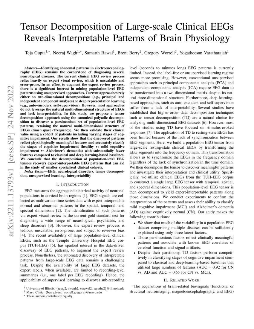 Tensor Decomposition Of Large Scale Clinical Eegs Reveals Interpretable