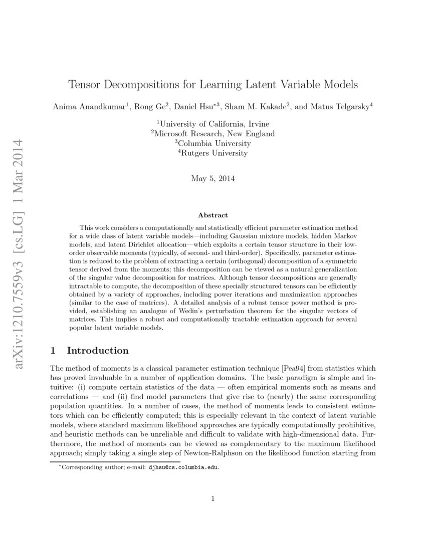Tensor Decompositions For Learning Latent Variable Models Deepai