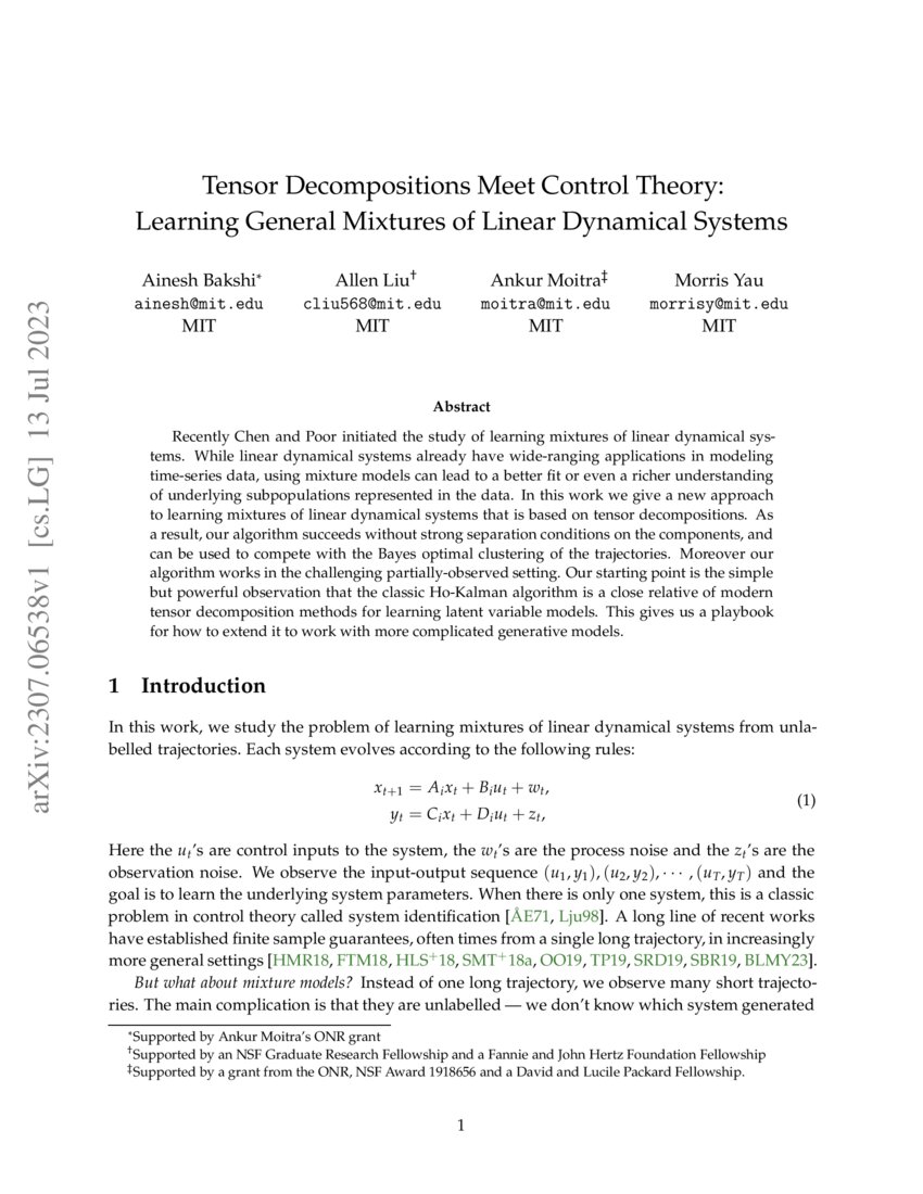 Tensor Decompositions Meet Control Theory Learning General Mixtures Of Linear Dynamical Systems