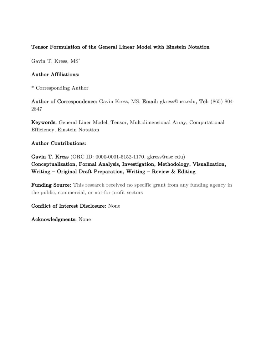 Tensor Formulation of the General Linear Model with Einstein Notation ... Tensor Formulation of the General Linear Model with Einstein Notation ...