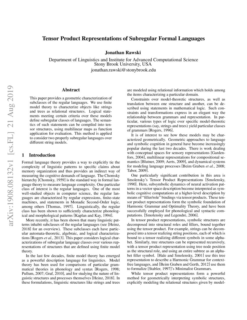 Tensor Product Representations of Subregular Formal Languages | DeepAI