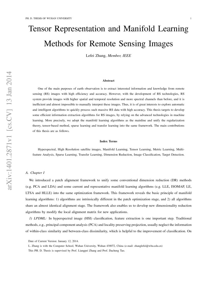 Tensor Representation and Manifold Learning Methods for Remote Sensing ...