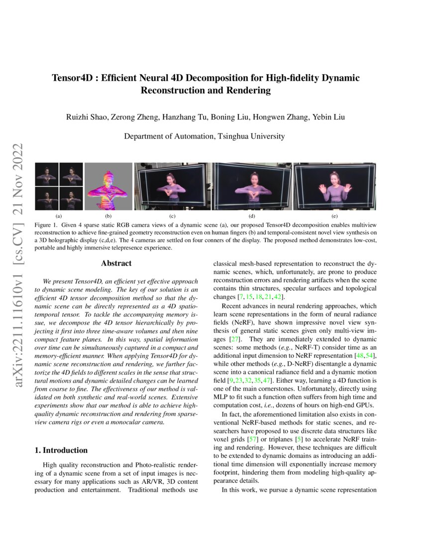 Tensor4D : Efficient Neural 4D Decomposition for High-fidelity Dynamic Reconstruction and ...